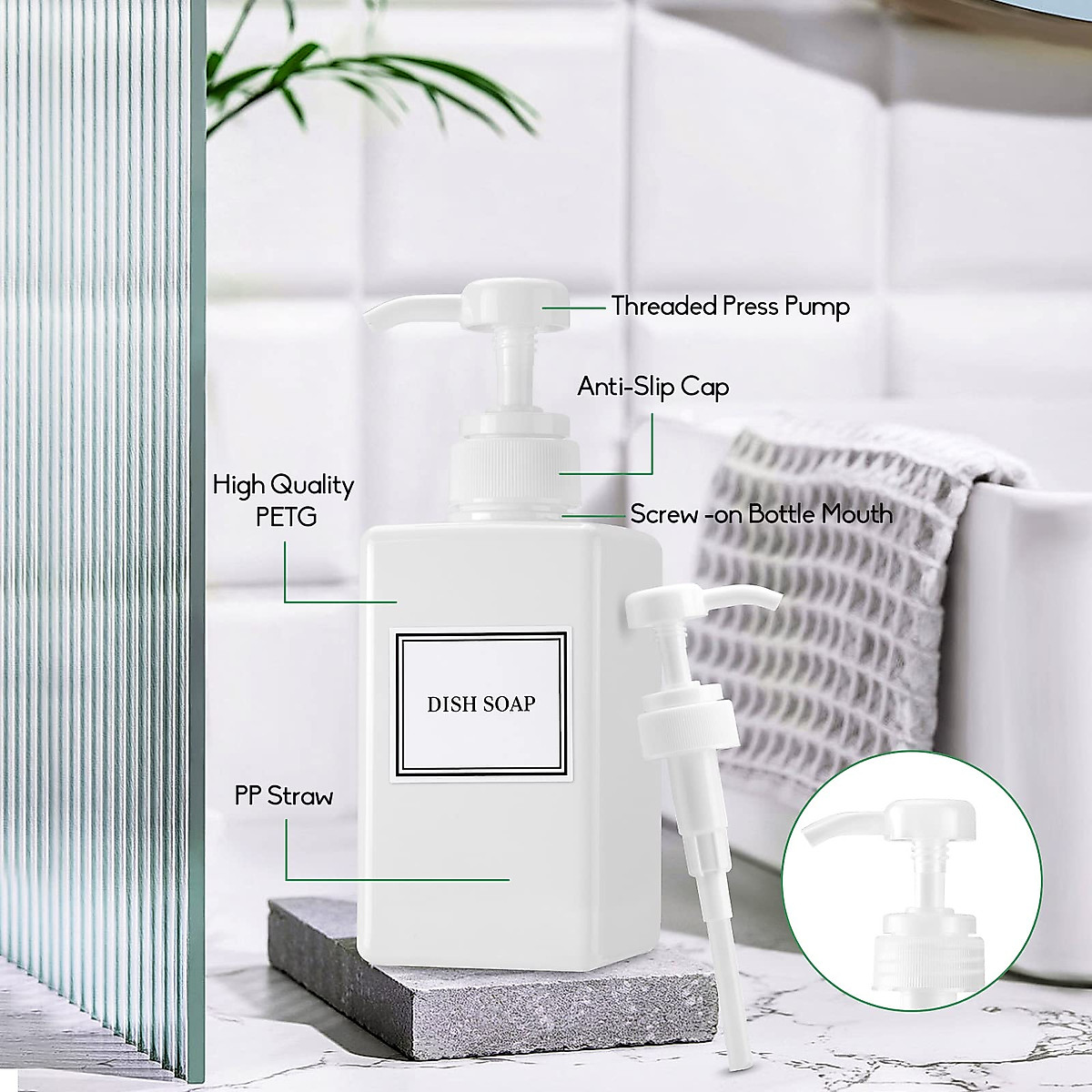 15oz Pump Dispenser for Bathroom, INSFIT Refillable Plastic Pump Bottles, Dish Soap Dispenser for Kitchen Sink, Hand Soap Dispenser, Laundry Detergent Dispenser with Waterproof Labels, 2 Pack White