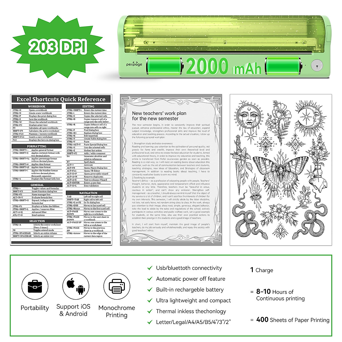 PeriPage P80 Portable Printer,Thermal Wireless Bluetooth Printer Support 8.5" X 11" US Letter & Legal,A4 Thermal Paper, Inkless Printer Compatible with iOS, Android Phone,Laptops (Green 203dpi)