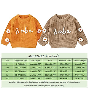 Baby Girl Cable Knit Sweater Long Sleeve Boho Floral Embroidery Oversized Sweatshirt Warm Fall Winter Clothes (Khaki-Babe, 6-9 Months)