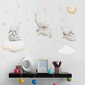 MASCARE Flying Elephant Wall Decal Animal with Cloud Moon Star Wall Sticker Dumbo Wall Art Decor for Kids Bedroom Baby Nursery Removable Home Background Decoration