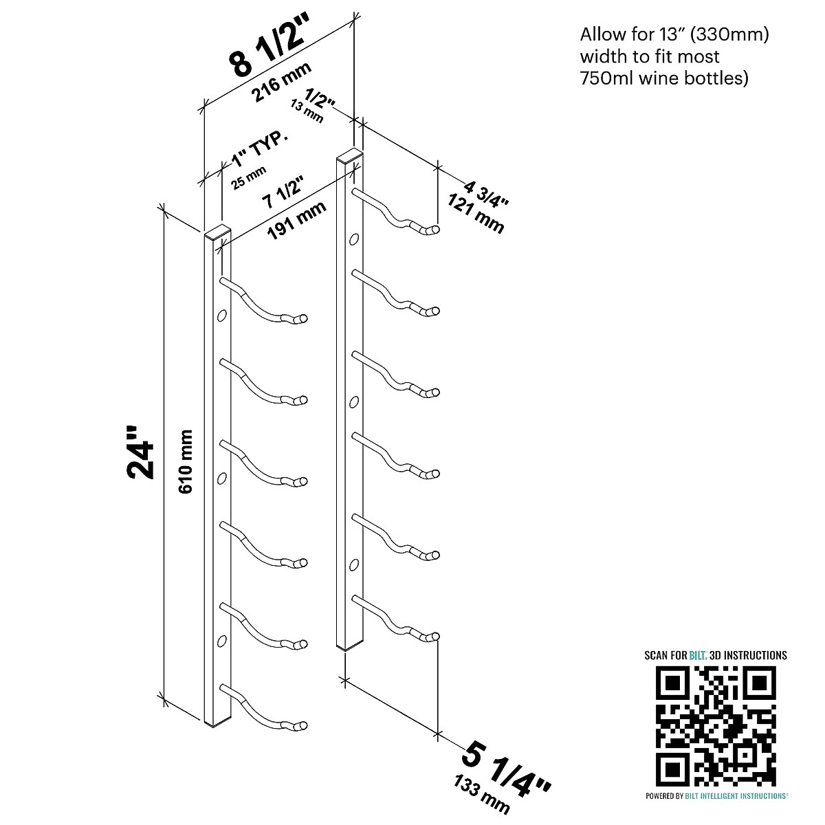 VintageView W Series Wine Rack 2 | Modern Wall Mounted Wine Storage (6 Bottles, Matte Black)