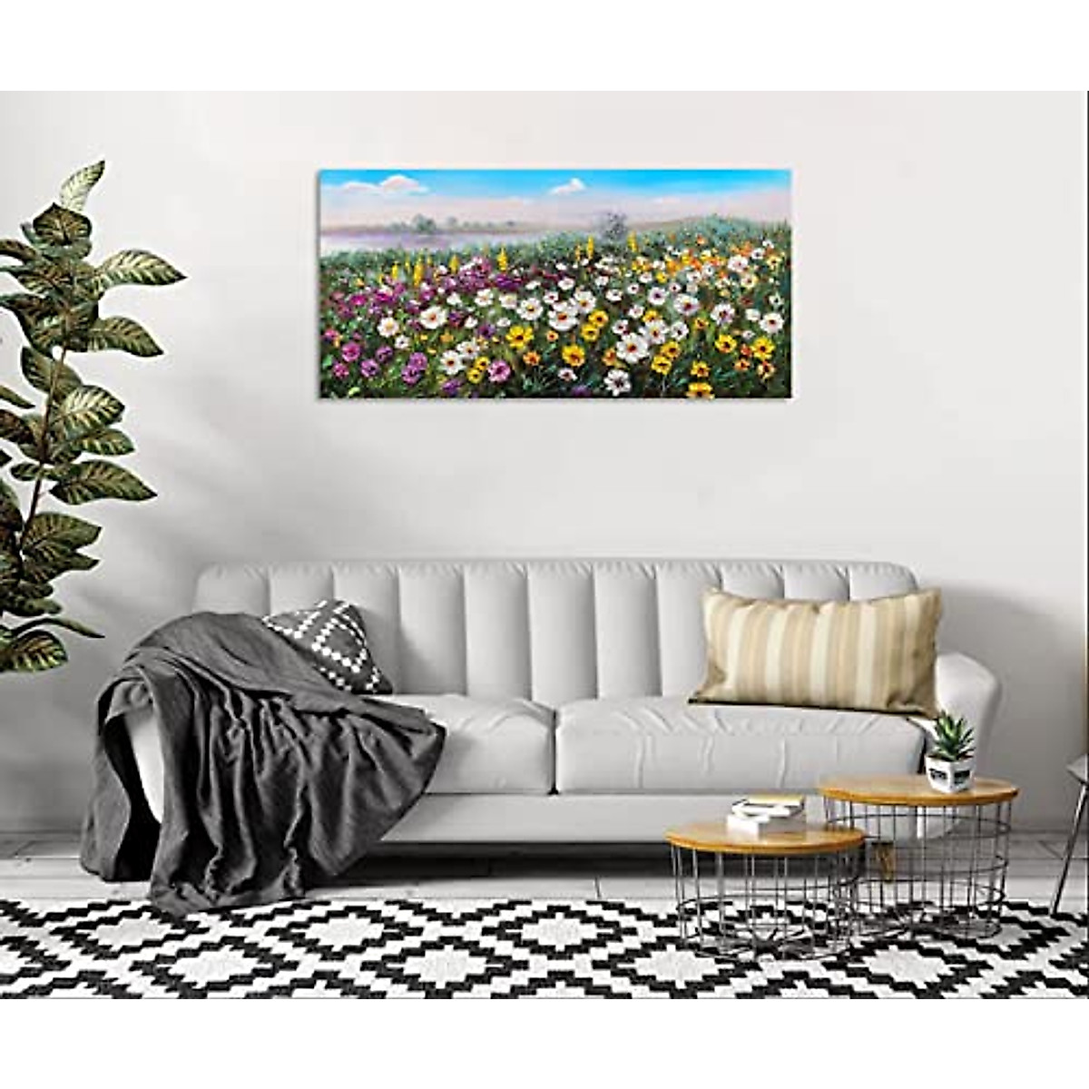 Arjun Flowers Canvas Wall Art Landscape Painting, Modern Spring Nature Wildflowers Daisy Floral Picture Artwork Large Framed for Bedroom Living Room Bathroom Home Office Wall Décor, 40"x20" One Panel