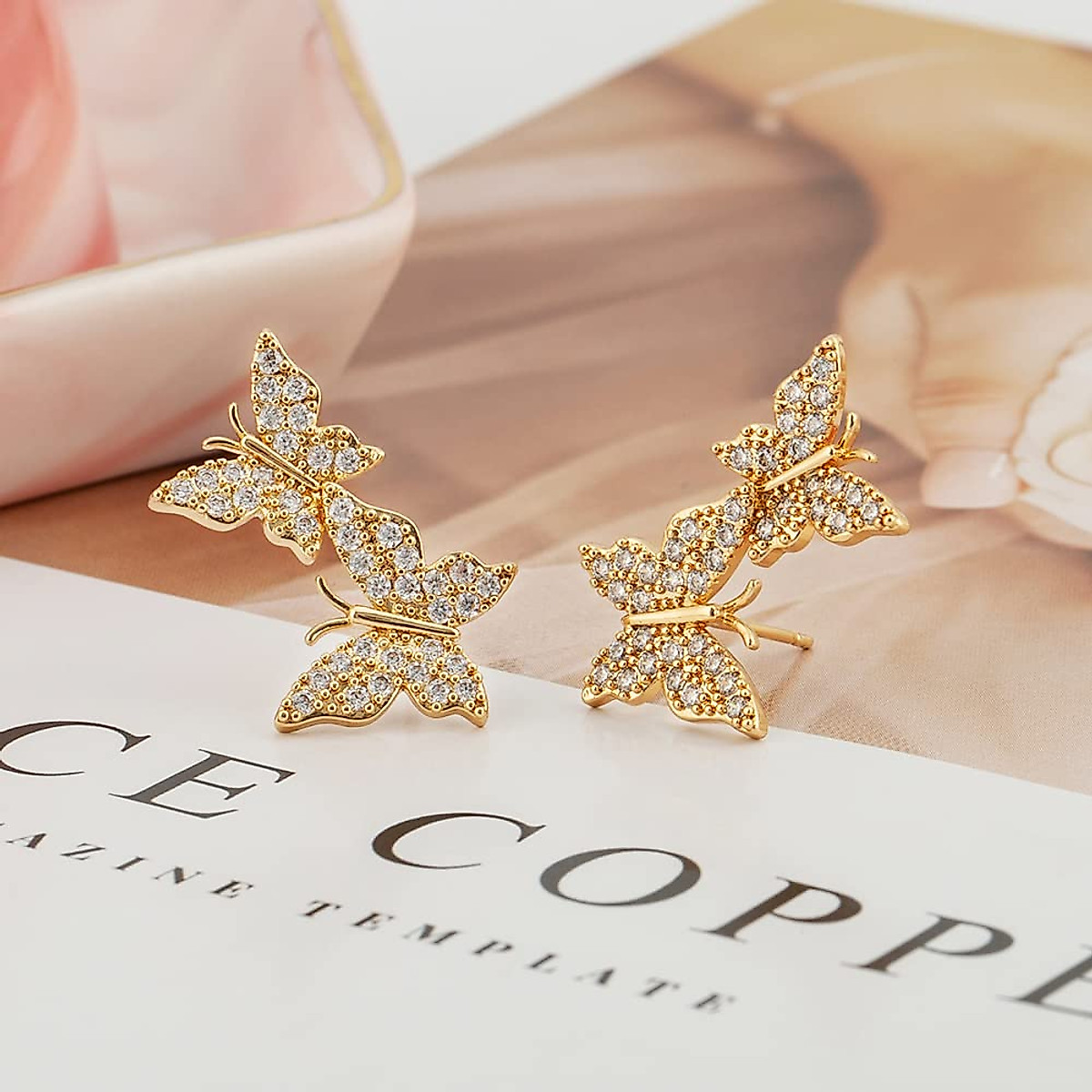 CZ Butterfly Studs Earrings - 14K Gold Plated CZ Pave Butterfly Earrings for Women，Good Gift for Sister,Lover (Gold - A)
