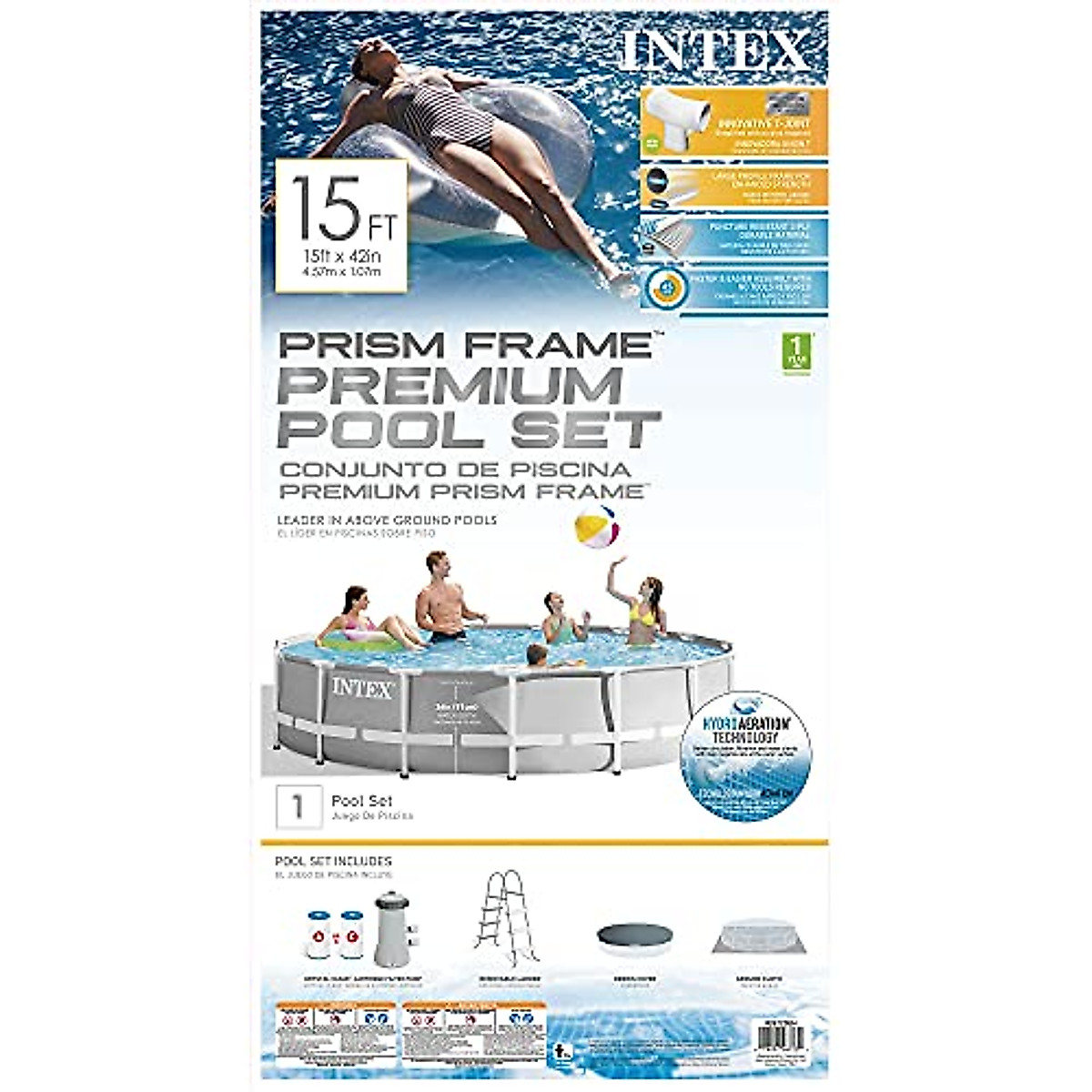 Intex 26723EH 15 Feet by 42 Inches Prism Frame Above Ground Swimming Pool Set with Debris Cover, Ladder, and 120 Volt 1000 GPH Cartridge Filter Pump