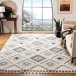 SAFAVIEH Moroccan Tassel Shag Collection Area Rug - 5'3" x 7'6", Ivory & Grey, Boho Design, Non-Shedding & Easy Care, 2-inch Thick Ideal for High Traffic Areas in Living Room, Bedroom (MTS601F)