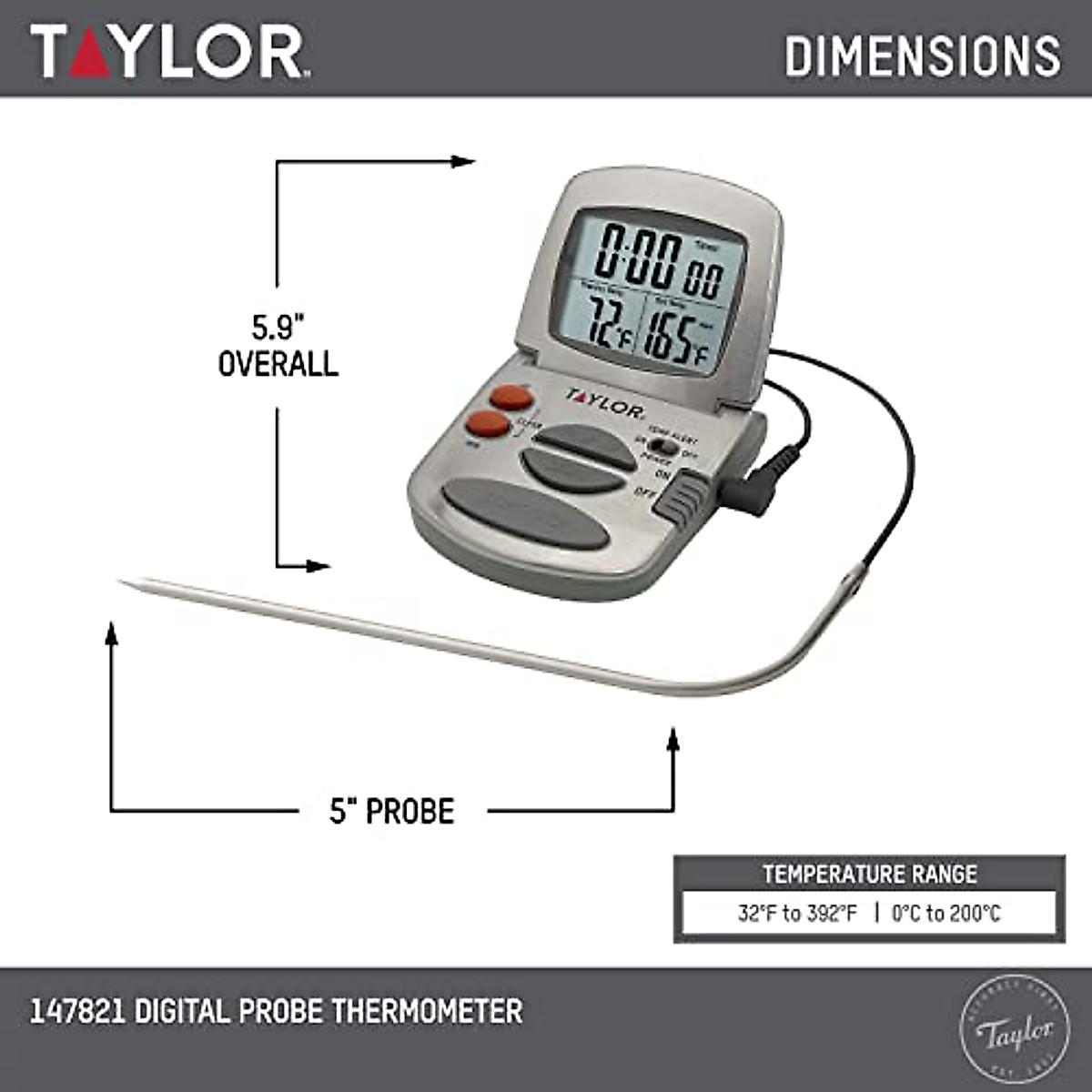 Taylor Programmable with Timer Instant Read Wired Probe Digital, Meat, Food, Grill BBQ Cooking Kitchen Thermometer, Stainless Steel
