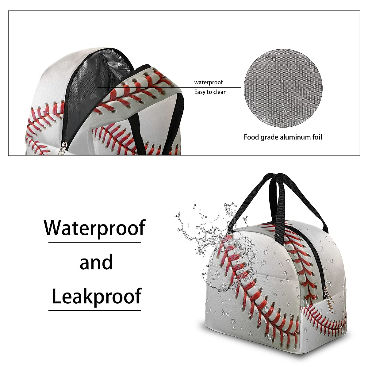 Insulated Lunch Bag for Women Men, 3D Baseball Stitch Tote Lunch Box for Adult Portable Reusable Cooler Meal Prep Organizer for Work Picnic Office Travel Beach
