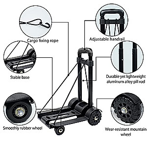 MAYQMAY Folding 4-Wheels Trolley Hand Truck Dolly 100 lbs / 45 KG Compact Luggage Cart for Travel, Moving and Office Use, Black