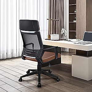 Yaheetech Mesh Leather Executive Chair with Lumbar Support, Office Chair Ergonomic Desk Chair High Back Mesh Computer Chair with Backrest and Headrest, Task Chair with Wheels for Women Adults, Brown