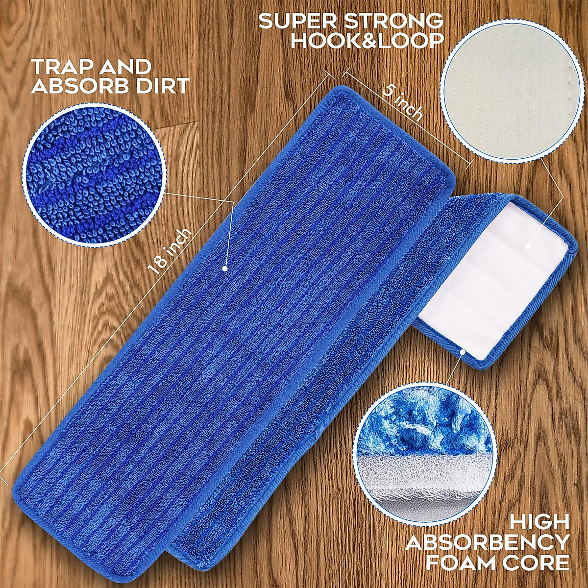 Matthew 18'' Microfiber Mop Replacement Pads for Wet Dry Reusable Mops Floor Home Commercial Cleaning Refills, Machine Washable Compatible with Bona Mop&Any Microfiber Flat Mop System Blue (3 Pack)