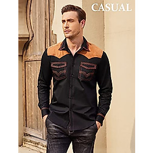 COOFANDY Mens Shirt Western Cowboy Embroidered Long Sleeve Slim Fit Casual Cotton Button Down Hippie with Pockets, Black, Large, Long Sleeve