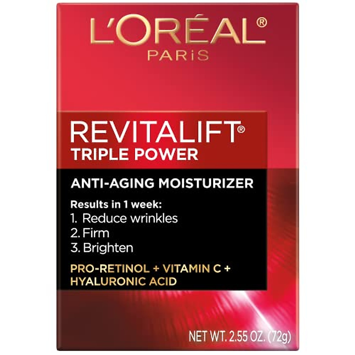 L’Oreal Paris Skincare Revitalift Triple Power AntiAging Face Moisturizer with Pro Retinol, Hyaluronic Acid & Vitamin C to reduce wrinkles, firm and brighten skin, Cream, 2.55 Ounce (Pack of 1)