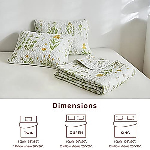 Joyreap 3 Pieces Reversible Quilt Set, Smooth Soft Microfiber Quilt, Yellow Flowers Green Leaves Botanical Design, Bedspread Bed Cover for All Season, 1 Quilt n 2 Pillow Shams (Full/Queen, 90x90)