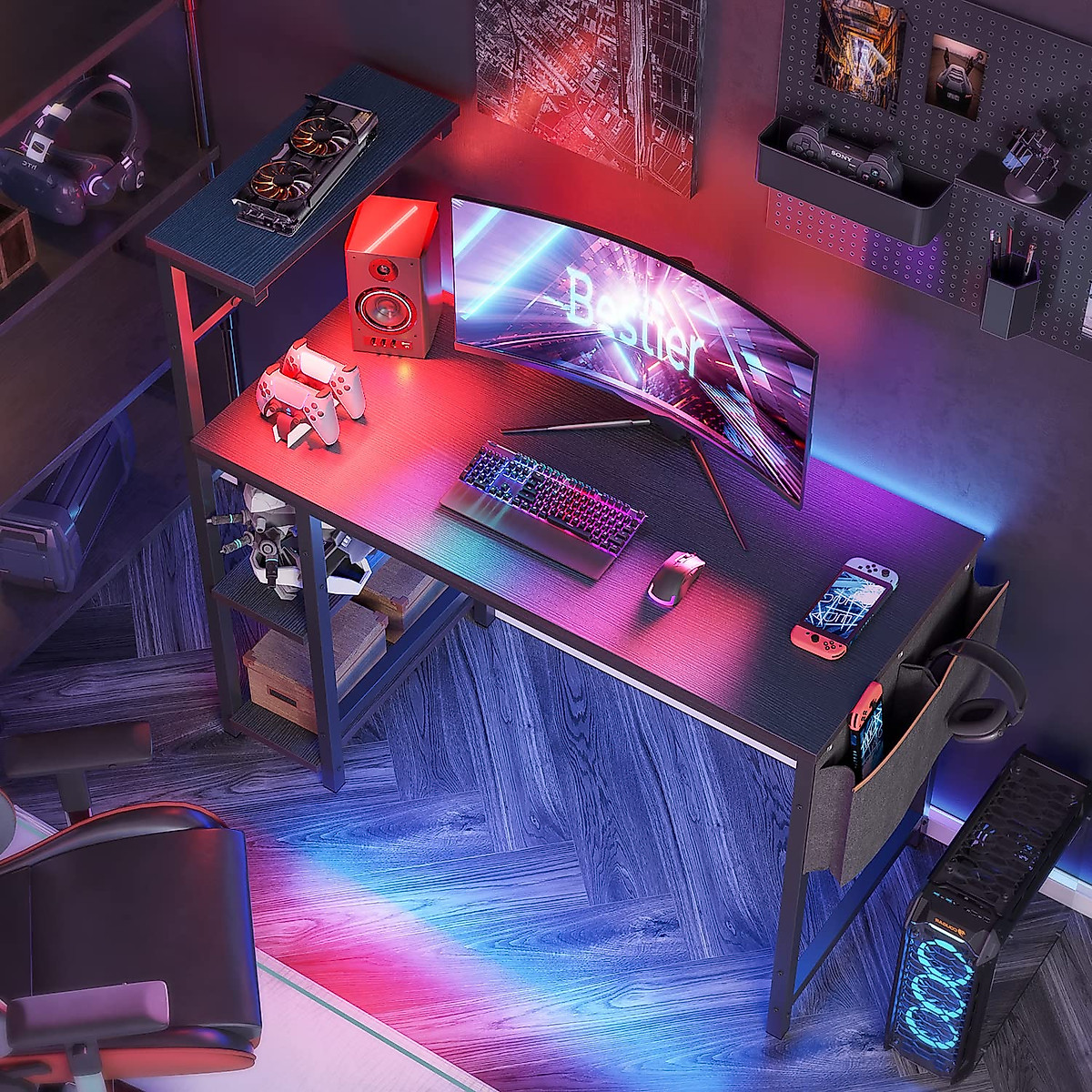 Bestier Gaming Desk with LED Lights, 44 Inch PC Gamer Desk for Small Spaces, Computer Desk with Reversible Storage Shelves & Side Storage Bag (Black Grained)
