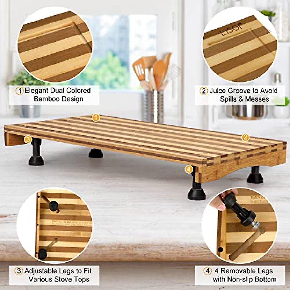 Bamboo Stovetop Cover&Countertop Cutting Board with Adjustable Legs, Dual-purpose Chopping Board for Electric Stove Burner, Workspace Block Cover for RV Camping Camper Gas Cook Top Cover