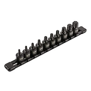 ARES 24001-10-Piece 3/8-Inch Drive Low Profile Impact Torx Bit Driver Set - Chrome-Moly Steel & Manganese Phosphate Coating - Star Bit Size Range T25-T70 - Reusable Storage Rail