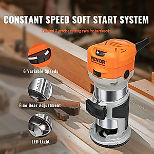 VEVOR Wood Router, 1.25HP 800W, Compact Wood Trimmer Router Tool, 30000RPM Max Speed 6 Variable Speeds, with 1/4'' & 5/16'' Collets 12 PCs Milling Cutters Dust Hood, for Woodworking Slotting Trimming