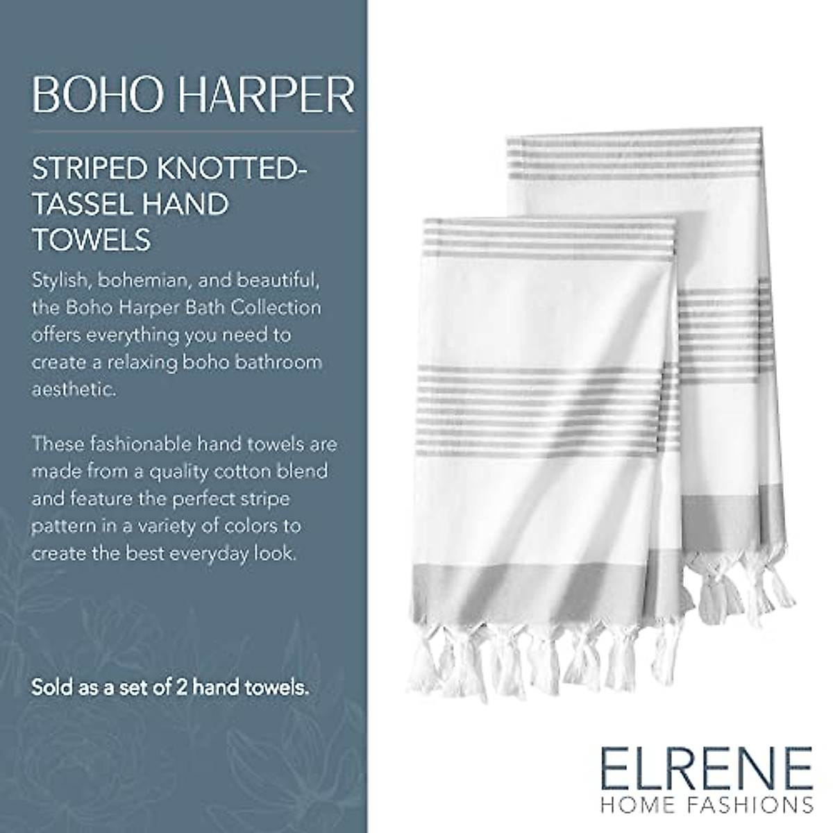 Elrene Home Fashions Boho Harper Stripe Knotted-Tassel Hand Towels, 16 Inches by 30 Inches, Set of 2,Cotton, Gray