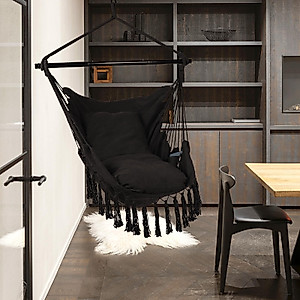 Ciouper Hammock Chair Hanging Rope Swing with Stylish Tassels - Max 500 Lbs - 2 Cushions Included - Heavy-Duty Steel Spreader Bar with Anti-Slip Rings - for Any Indoor or Outdoor Spaces (Grey)