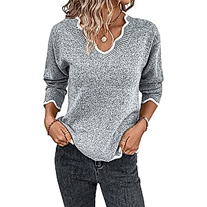 SweatyRocks Women's Long Sleeve V Neck Ribbed Knit Top Scallop Trim Drop Shoulder Pullover Sweater Light Grey M