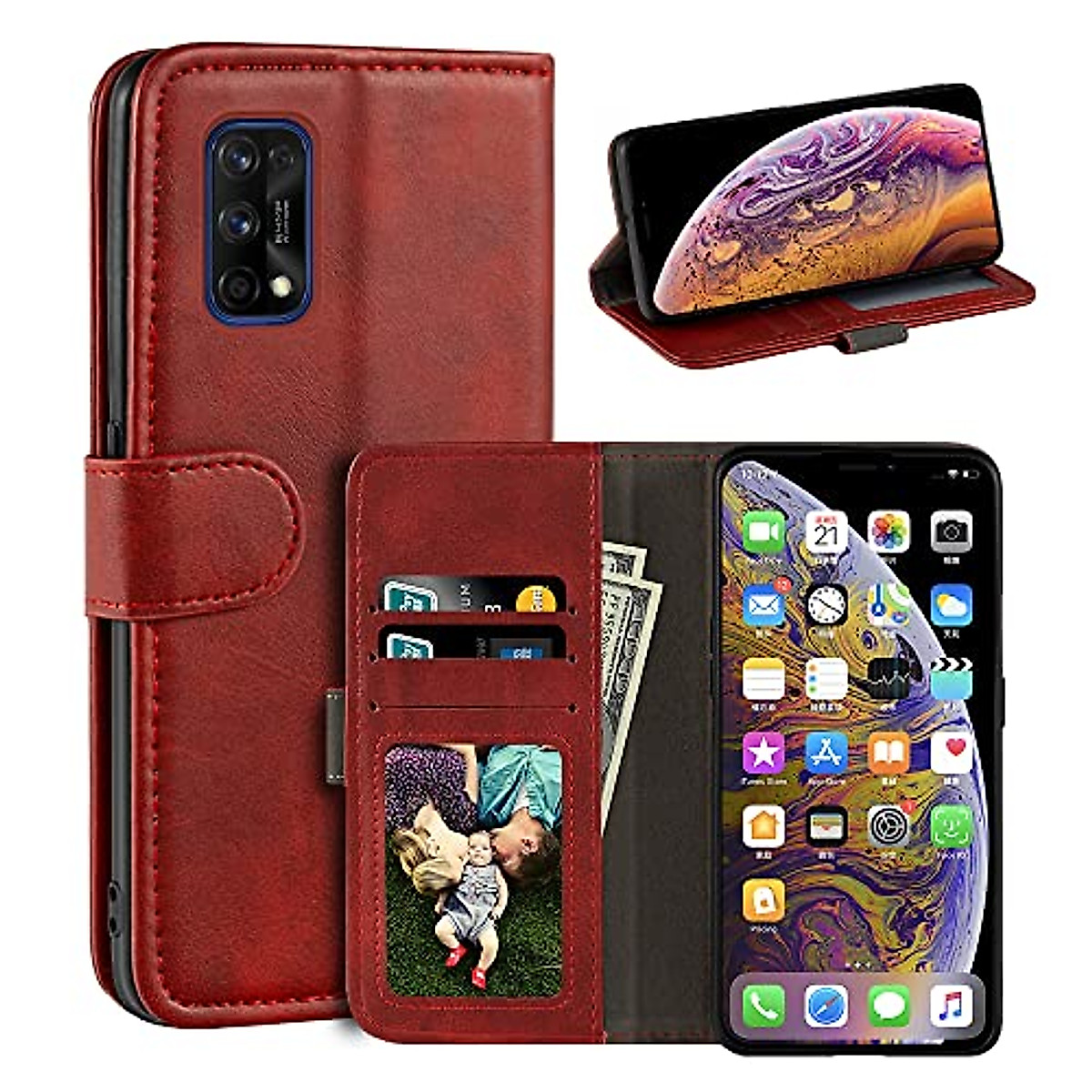 Case for Oppo Realme 7 Pro, Magnetic PU Leather Wallet-Style Business Phone Case,Fashion Flip Case with Card Slot and Kickstand for Oppo Realme 7 Pro Sun Kissed Leather 6.4 inches-Red