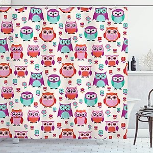 Ambesonne Owls Shower Curtain, Owls Happy Childhood Hipster Modern Repeated Animals Pattern Illustration, Cloth Fabric Bathroom Decor Set with Hooks, 69" W x 70" L, Orange Fuchsia Seafoam