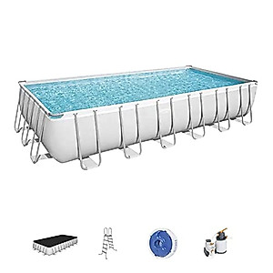 Bestway Power Steel 24' x 12' x 52" Rectangular Metal Frame Above Ground Swimming Pool Set with 1500 GPH Sand Filter Pump, Ladder, and Pool Cover