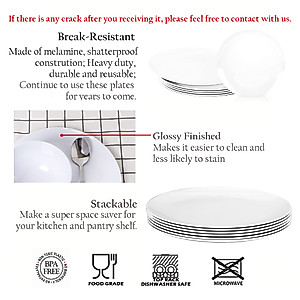 KOXIN-KARLU Melamine Plates, 10.5-inch Dinner Plates Dinnerware Dish, set of 6 White | 100% Melamine, Dishwasher Safe, BPA Free