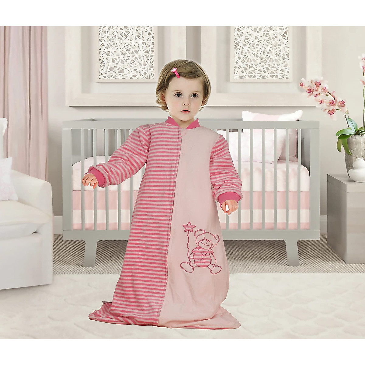 BloomSTAR Baby Sleep Sack - Long Sleeve Cotton Velvet Wearable Blanket for Girl and Toddlers, Pink, 2-Way Zipper, Swaddle Feel, Tog 2.0, Newborn, 9-12 Months, and 12-18 Months, 4 Season Use, Soft,Cozy