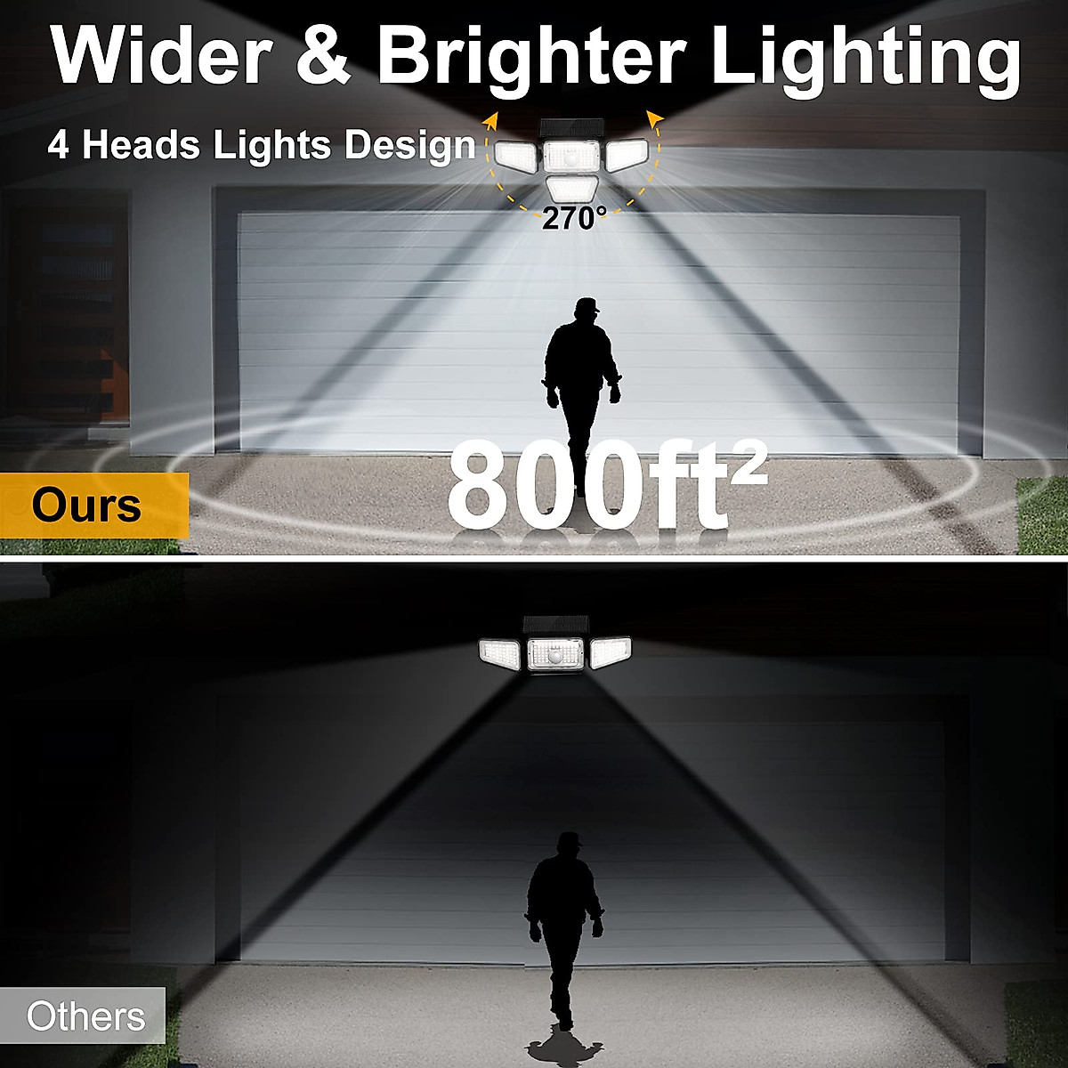 Solar Lights Outdoor, 270 LED 3000LM Motion Sensor Light, IP65 Waterproof 4 Heads 3 Modes 330°Wide Angle 6500K Solar Powered Security LED Wireless Flood Lights Luces Solares para Exteriores (2 Pack)
