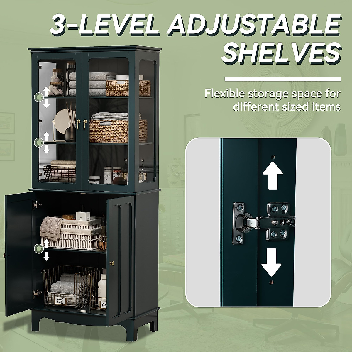 ARTPOWER 72" Freestanding Kitchen Pantry Storage Sideboard, Classical Tall Cabinet with Glass Door and Adjustable Shelves for Kitchen, Livingroom and Dining Room, Dark Teal