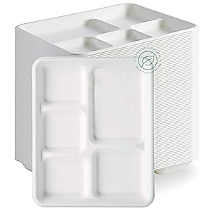 100% Compostable, 5 Compartment, Disposable Paper Plates [125-Pack] - {PFAS Free} - {BPA Certified} - [10 Inch] Heavy Duty Biodegradable Bagasse Sectional Lunch Trays + Dividers - Divided Platter Tray