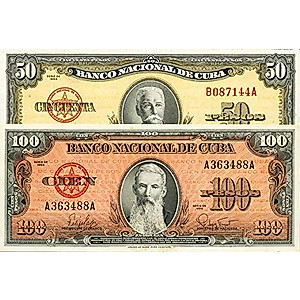 CU 1959 RARE, VIVIDLY COLORFUL CUBA 50 and 100 PESO BILLS! HI DENOMINATION GEMS ISS'D SAME YEAR AS CUBAN REVOLUTION! Choice Crisp Uncirculated