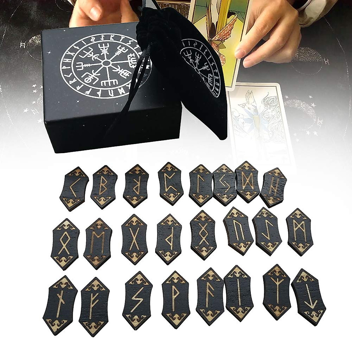 CALIDAKA Rune Stones Card Set, Zinc Alloy Wood Rune Stones Nordic with Storage Bag Props,Handmade Woodcut Rune Set Family Portable Home Entertainment Toys Supermarket Beginner Board Game