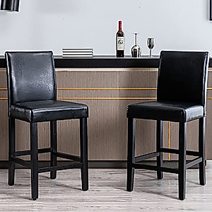 GOTMINSI Set of 2 Classic 24 Inches Counter Height Stools Upholstered Bar Stools with Solid Wood Legs and Black Leather Counter Stool(PU Black)