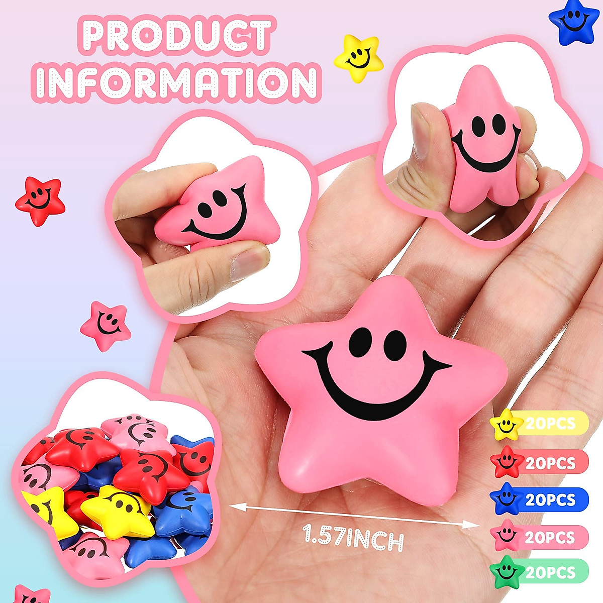 100 Pcs Star Smile Face Stress Balls Star Mini Foam Smile Ball Star Stress Ball Mini Foam Balls Stress Relief Star Toys Funny Smile Face Toys for School Carnival Reward, Party Bag Fillers, 5 Colors