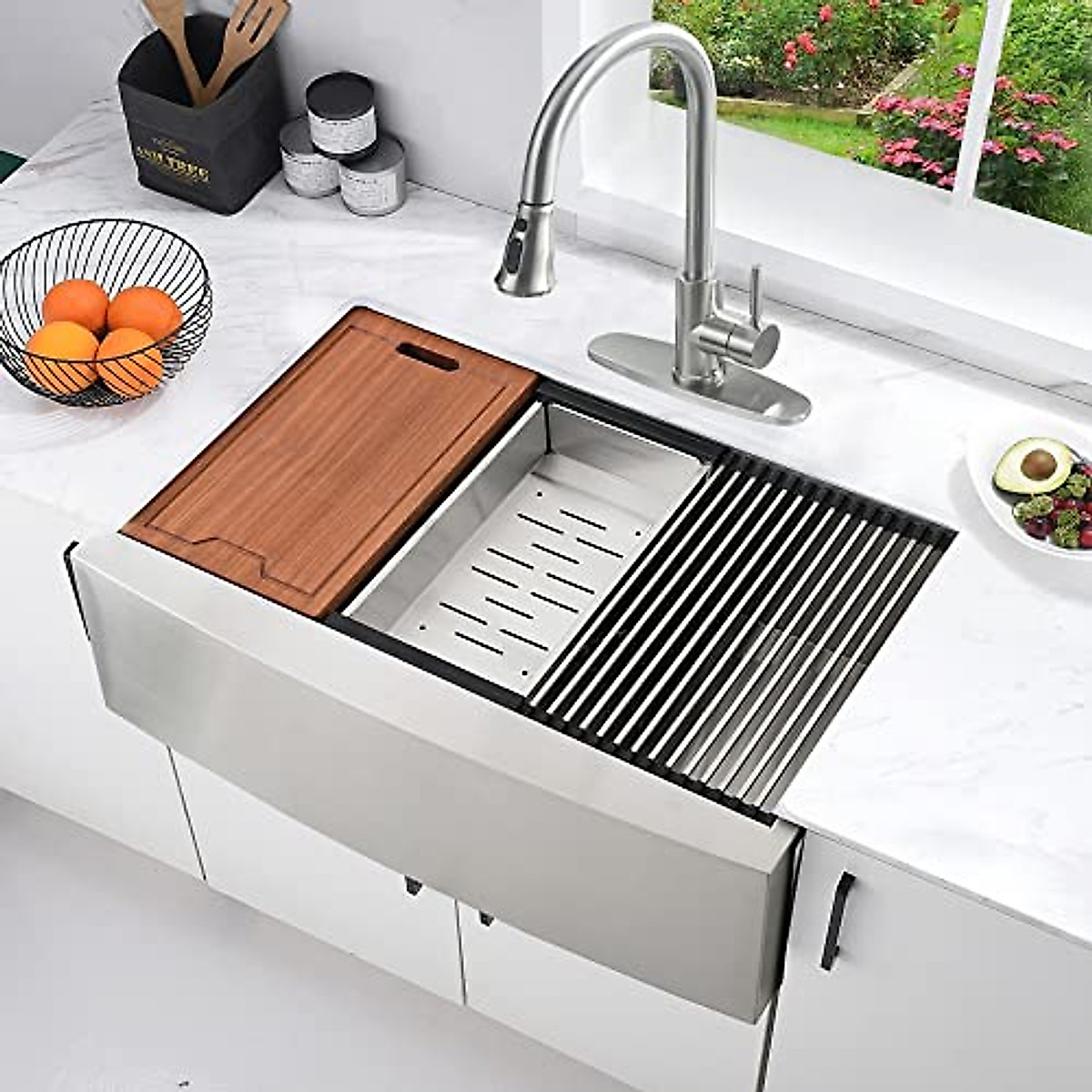 33 Inch Farmhouse Sink Workstation-Bokaiya 33x22 Stainless Steel Farm Sink Apron Front Workstation Kitchen Sink 16 Gauge Single Bowl Deep Kitchen Sink with Cutting Board