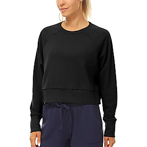 icyzone Cropped Crewneck Sweatshirt for Women, Casual Long Sleeve Pullover Tops for Spring Fall Winter (Medium, Black)