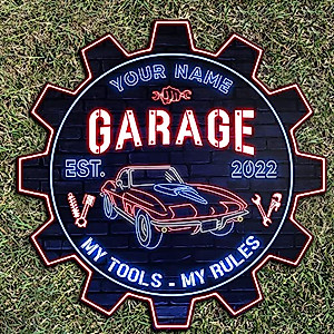 V VIBEPY-All Over Printed Personalized Garage Sign, My Tool My Rules US Flag, Car Garage Wooden Sign, 12x12", 18x18", Dad Garage Signs, Garage Signs Vintage, Garage Storage Sign, Father Garage Sign, Garage Sign For Men, Man Cave,Game Room Decor Father Day
