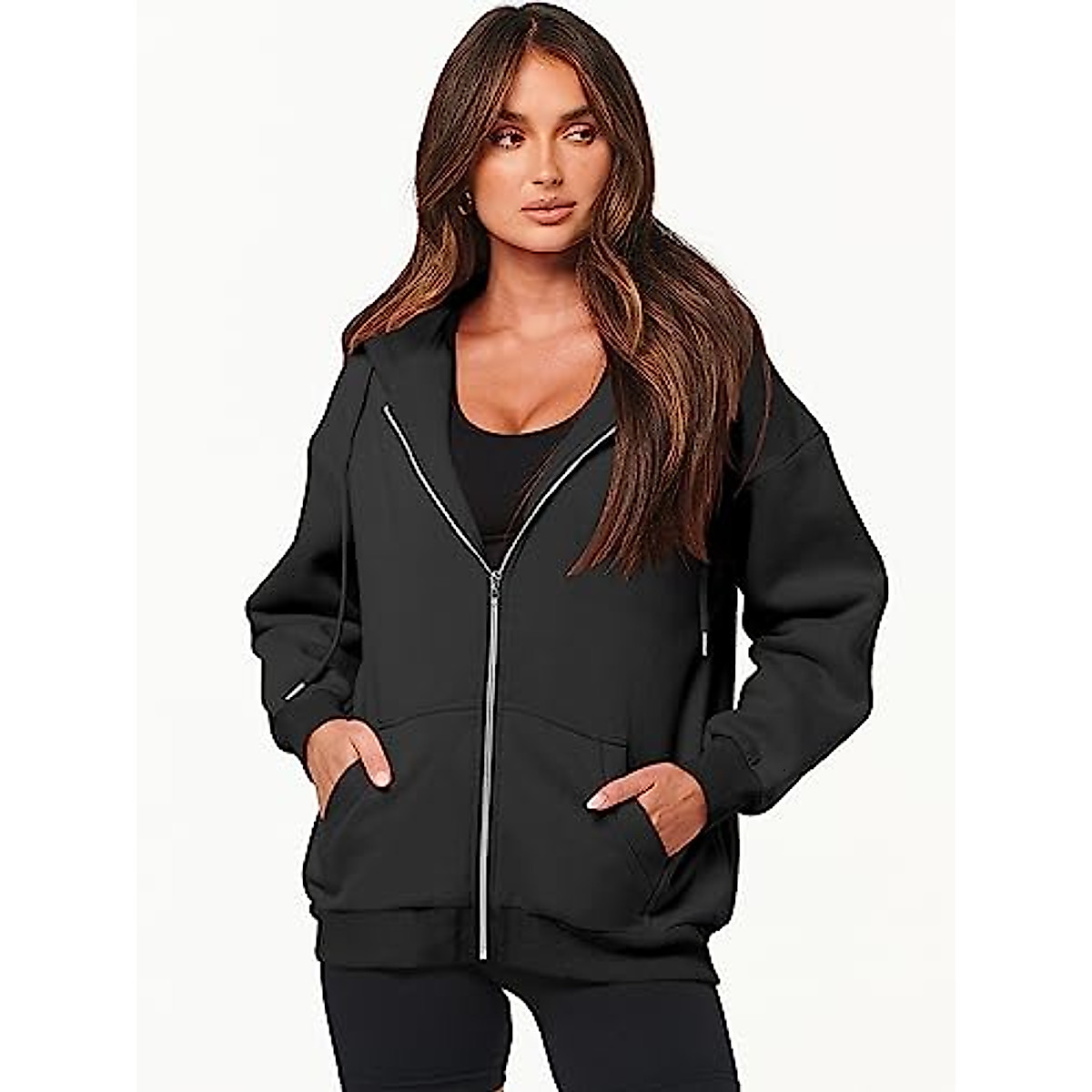Prinbara Women's Sweater Trendy Hoodies Cute Jacket Casual Long Sleeve Fleece Sweatshirts Zip Up Y2k Clothes Teen Girl Tops 9PA89-heise-XS Black