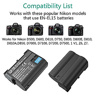 EN-EL15 EN EL15a Battery Rechargeable, LP Charger Compatible with Nikon D7500, D7200, D7100, D7000, D850, D750, D500, D810a, D810, D800e, D800, D610, D600 & More