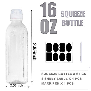 WAYDA Condiment Squeeze Bottles,6 Pack Squeeze Bottles for Sauces, Ketchup Salad Dressing Container, 17oz Plastic Bottles with Squeeze Top for Liquids, BBQ Sauce, Oil