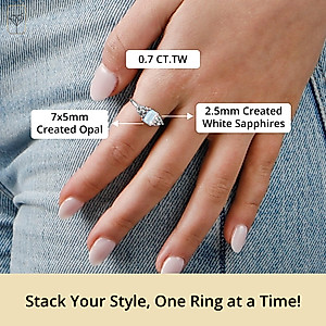 MAX + STONE 10k White Gold Ring for Women with Emerald Cut Created Opal Gemstone and Created White Sapphire Accents and October Birthstone Anniversary Ring Size 6