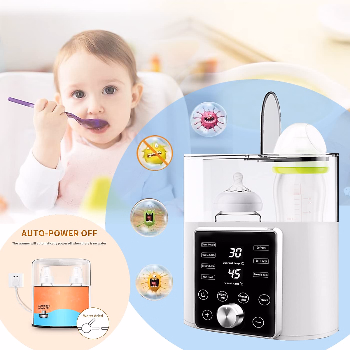 Portable Baby Bottle Warmer, 8 in 1 Milk Warmer of Breastmilk/Formula/Regular Milk, Food Heater&Defrost with LCD Display, Travel Double Bottle Warmer with Accurate Temperature Control