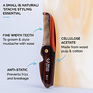 ZEUS Folding Mustache Comb, Handmade Saw-Cut Best Moustache Pocket Comb - (Traditional) - K11