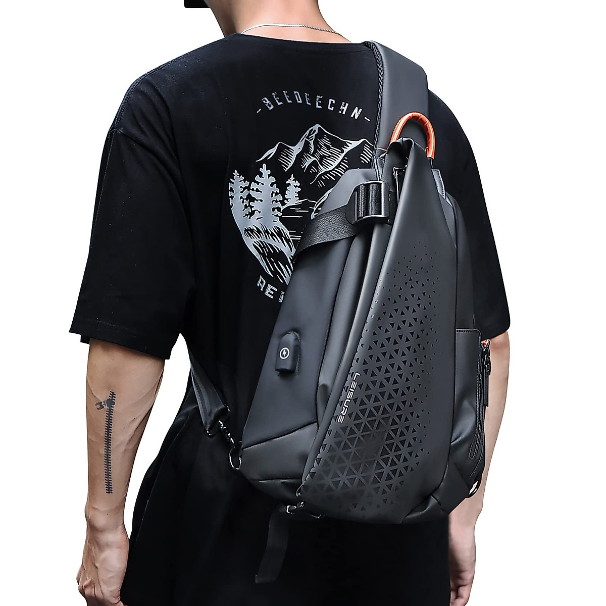 Sling Bag for Men Women,Small Waterproof Sling Backpack One Shoulder Bag, Lightweight One Strap Backpack Crossbody bag men with USB Charging Port