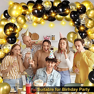 Black and Gold Balloons Garland Arch Kit with LED String Light, Black Gold Confetti Latex Balloons Cheers to Birthday Decorations Anniversary Retirement Graduation Party Decorations