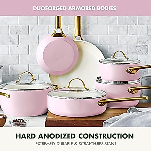 GreenPan Reserve Hard Anodized Healthy Ceramic Nonstick 10 Piece Cookware Pots and Pans Set, Gold Handle, PFAS-Free, Dishwasher Safe, Oven Safe, Blush Pink