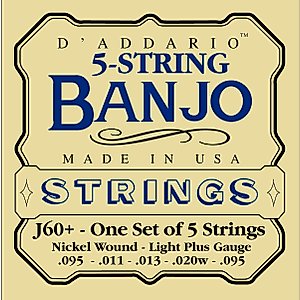 D'Addario J60+ 5-String Banjo Strings, Nickel, Light Plus, 9.5-20