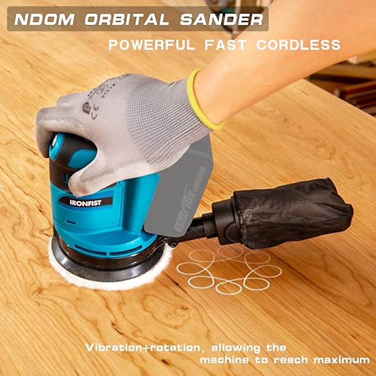 IRONFIST Random Orbit Sander 5inch 21V Lithium Battery 3 Speed Setting with Dust Bag 20pcs sandpapers and 3pcs Polishing Sponges